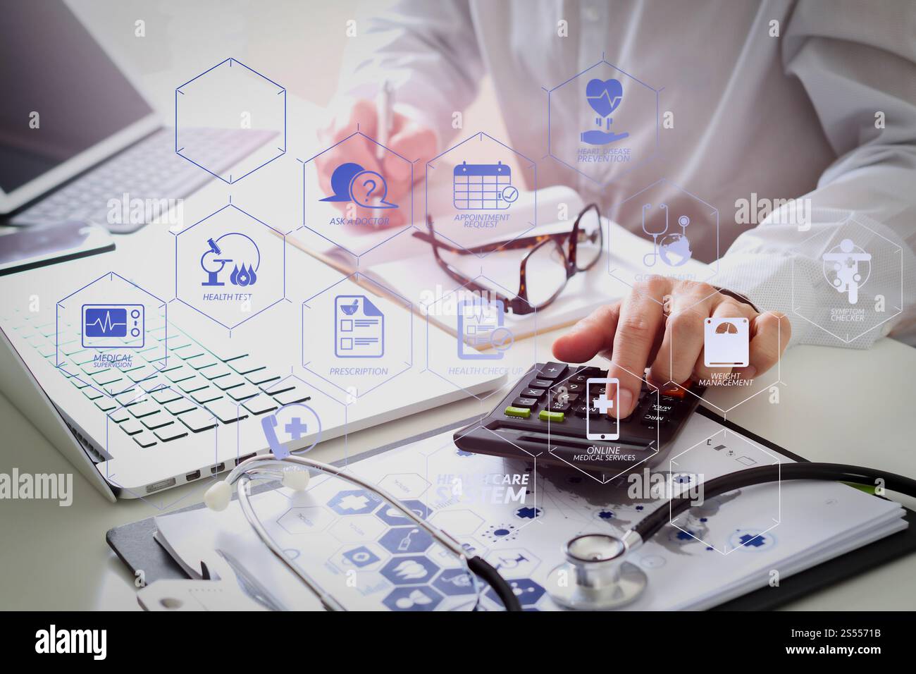 Health care system diagram with health check and symptom on VR ...
