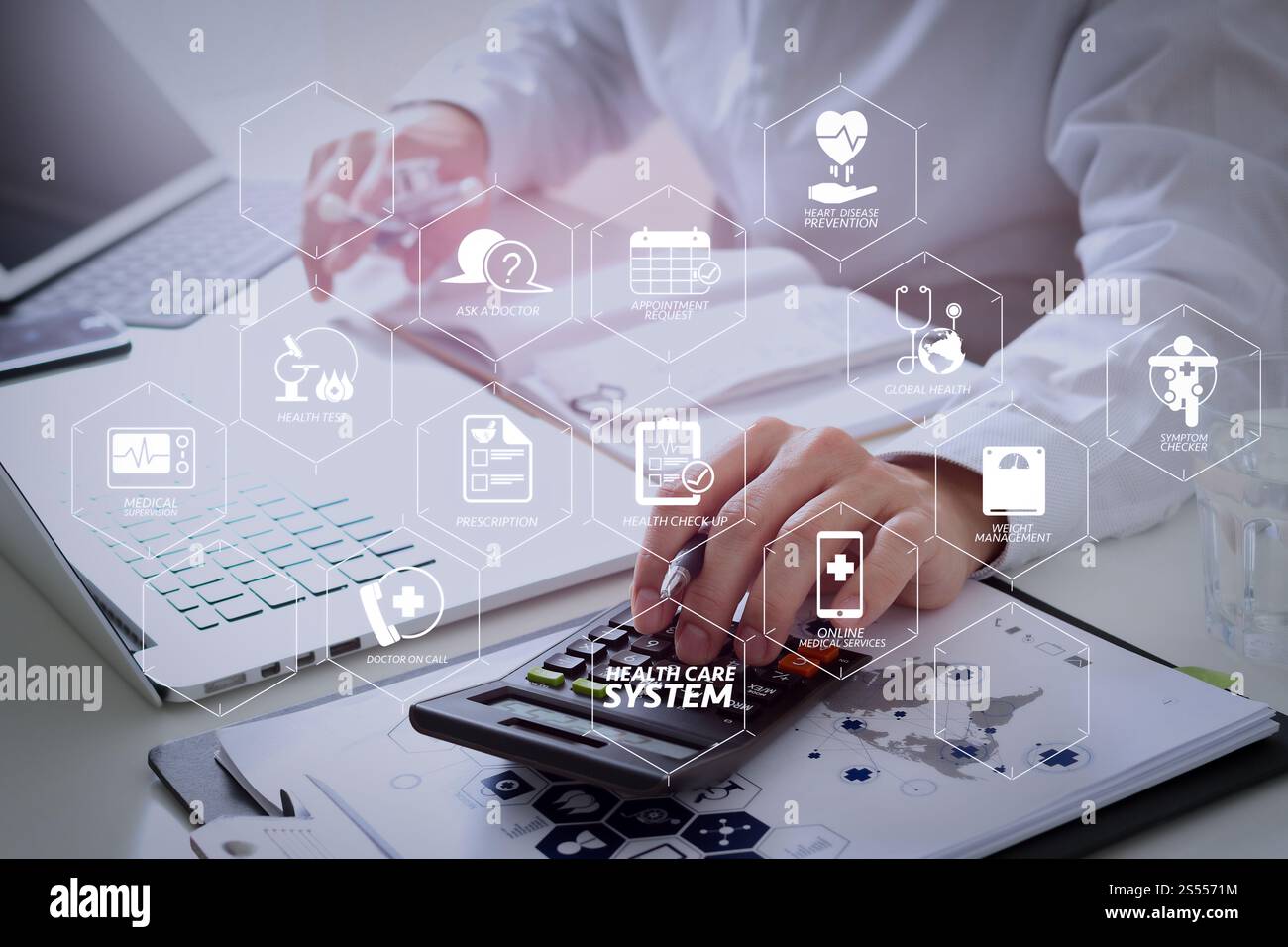 Health care system diagram with health check and symptom on VR ...