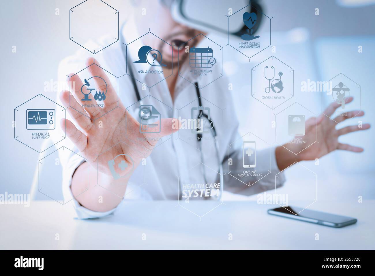 Health care system diagram with health check and symptom on VR ...