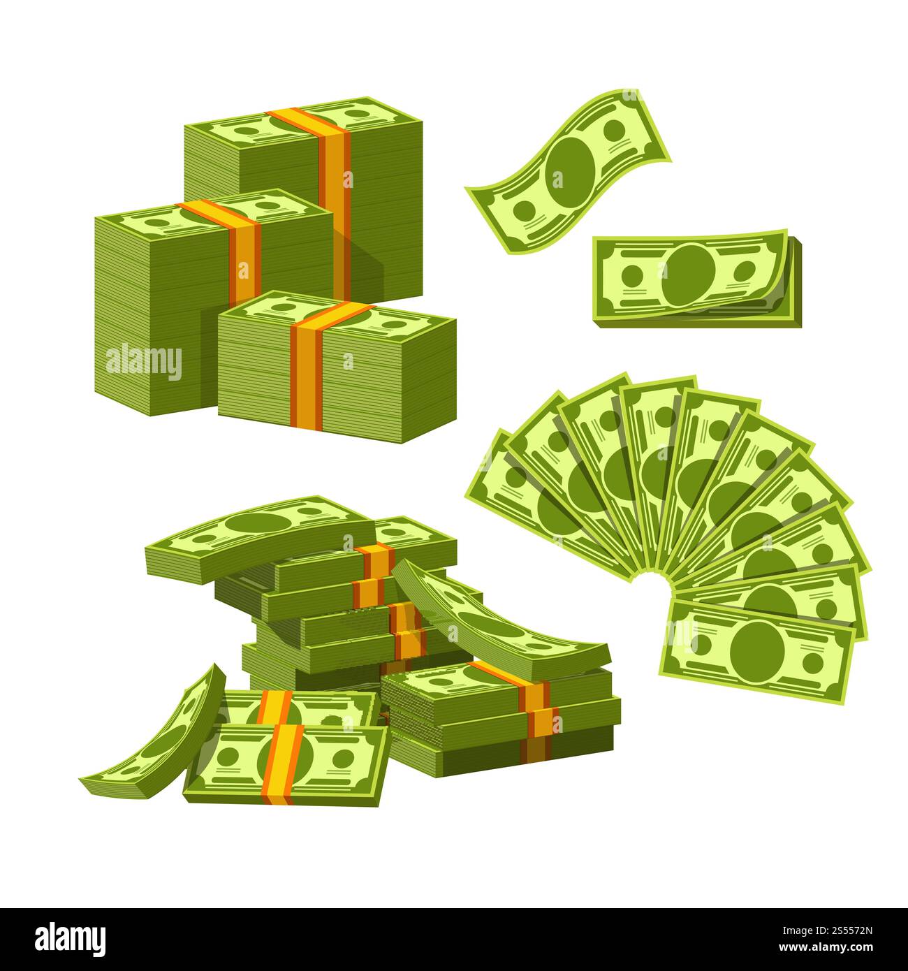 Paper money tied with yellow rubber bands lie in messy heap. Green ...