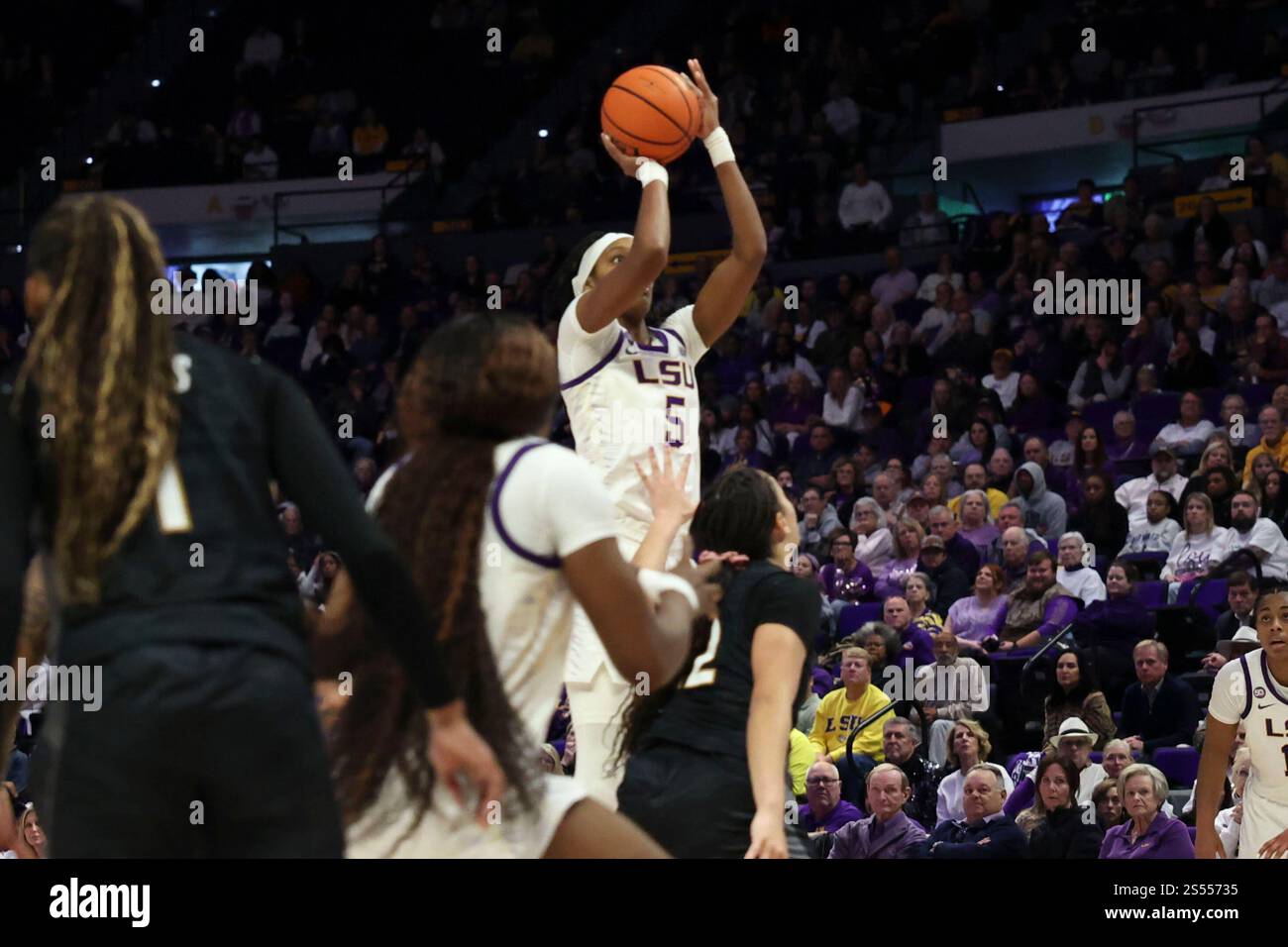 LSU forward Sa'Myah Smith (5) goes up to shoot a jumper over Vanderbilt ...