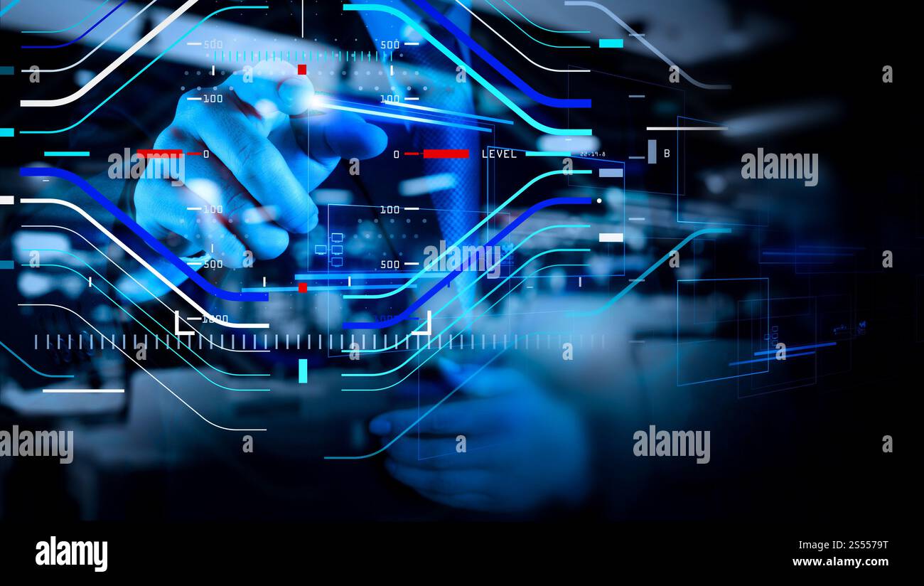 Concept of focus on target with digital diagram.double exposure of ...