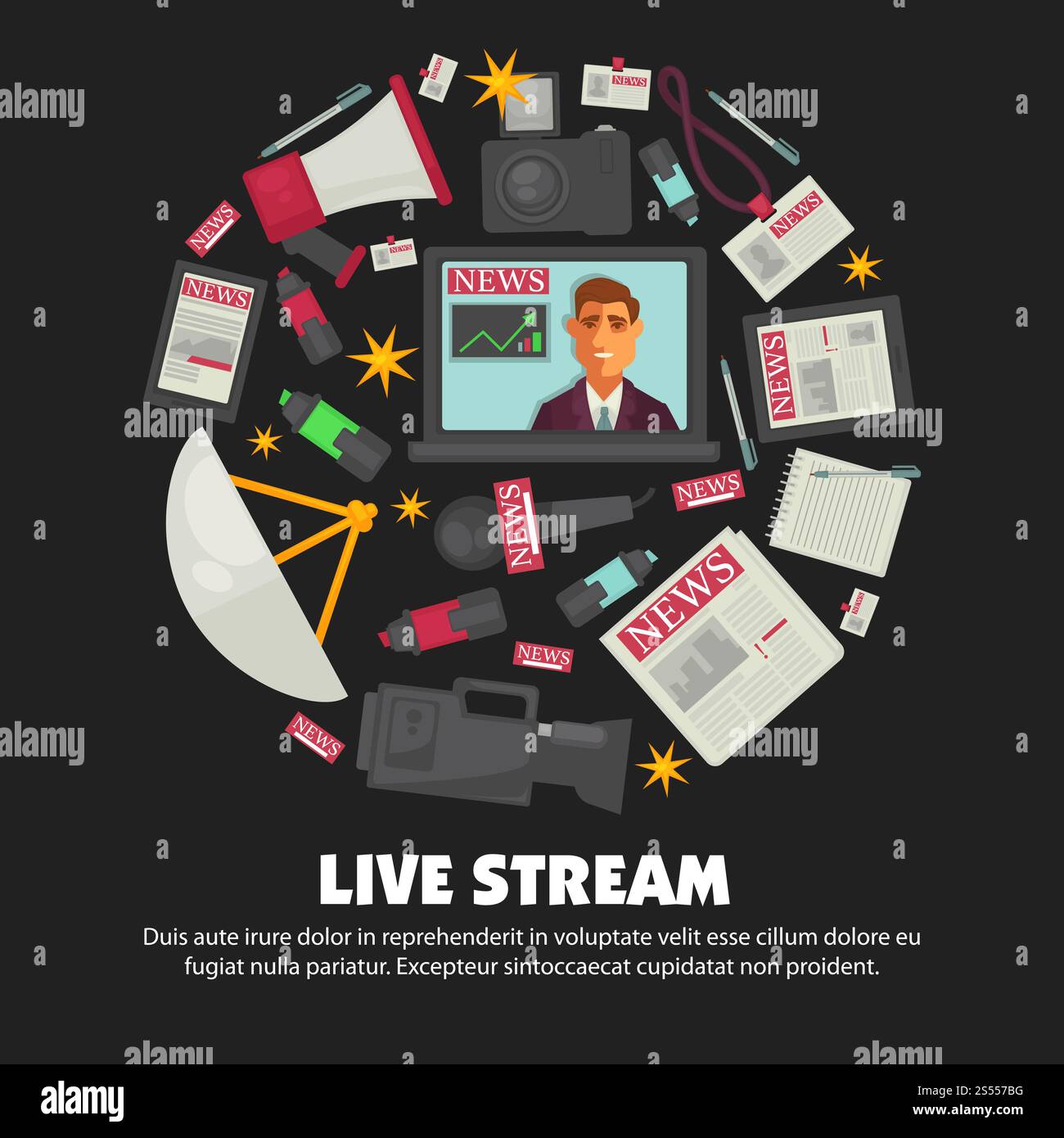 News broadcast live stream report poster of anchorman and television ...