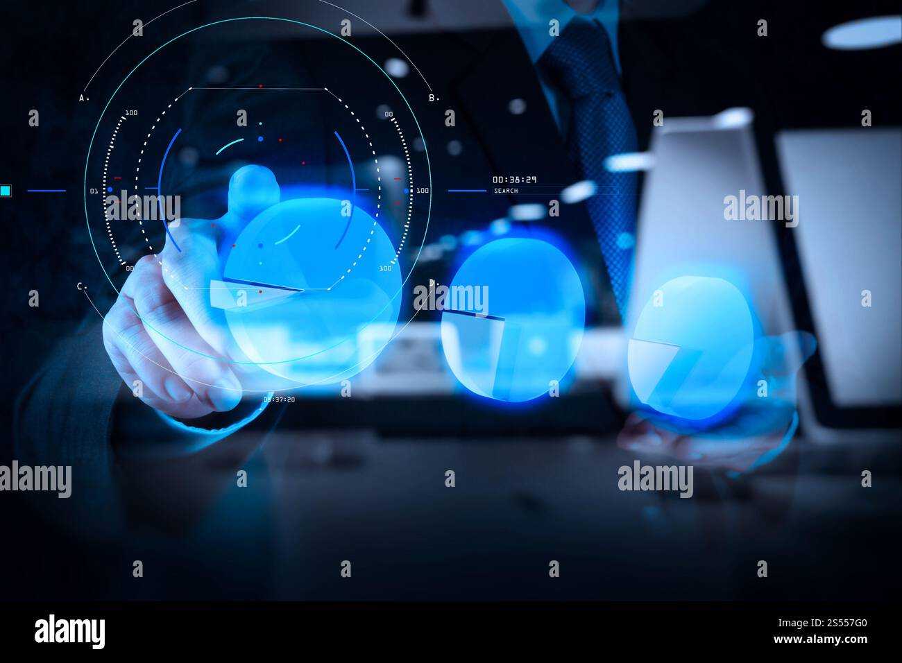 Concept of focus on target with digital diagram.double exposure of ...