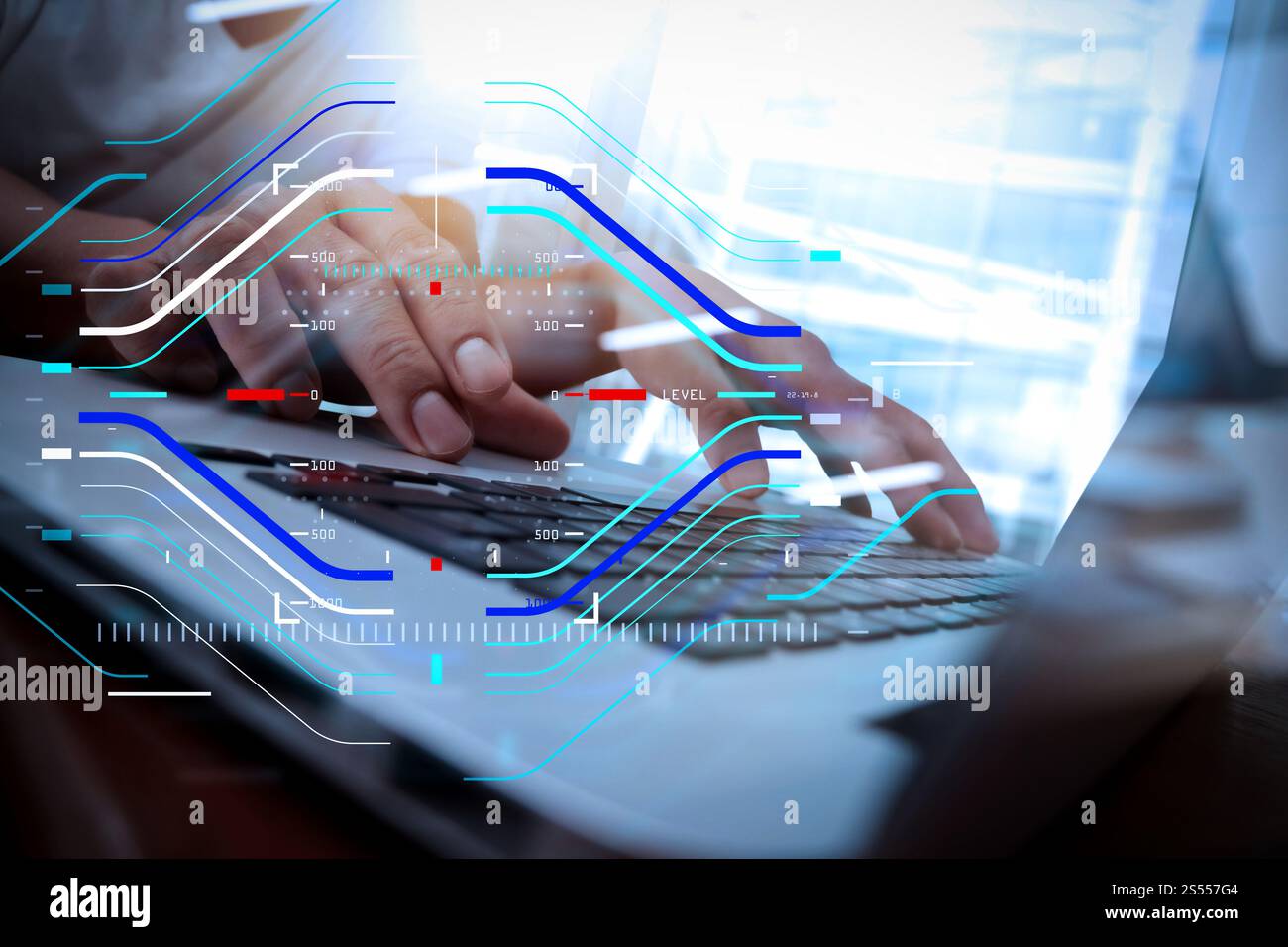 Concept of focus on target with digital diagram.business man hand ...