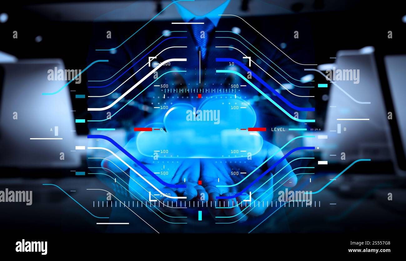 Concept of focus on target with digital diagram.double exposure of ...