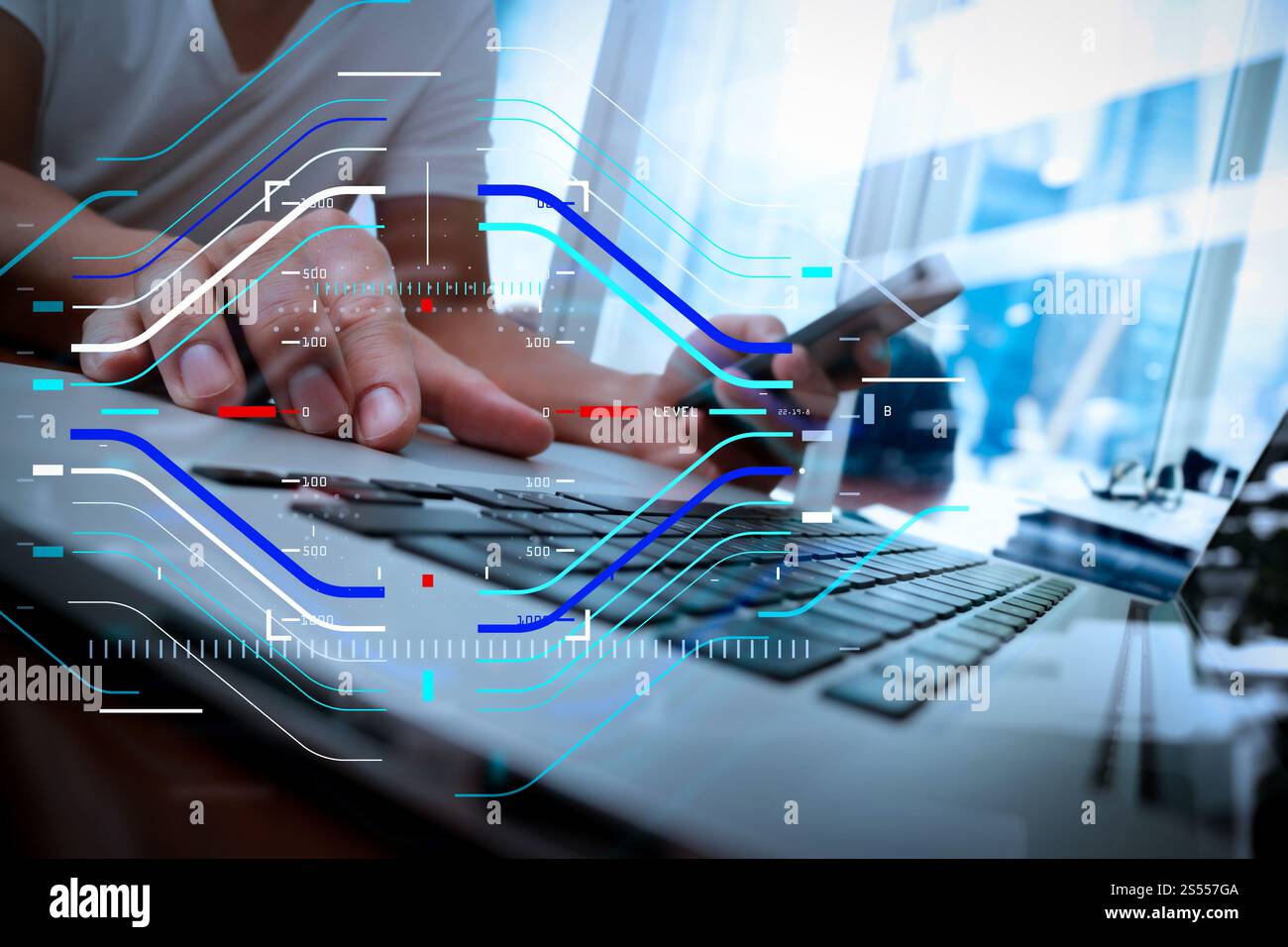 Concept of focus on target with digital diagram.business man hand ...