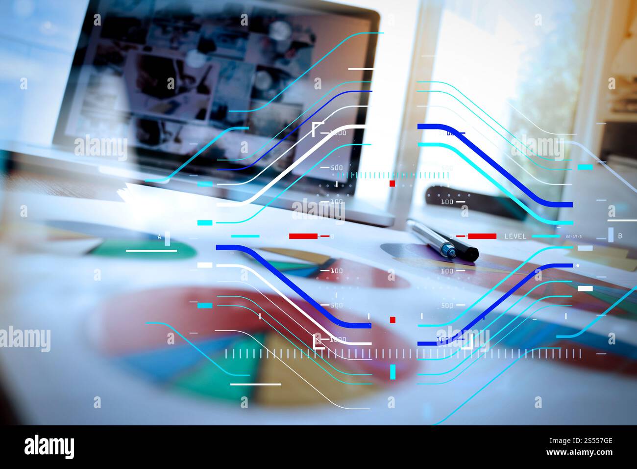 Concept of focus on target with digital diagram.Office workplace with ...