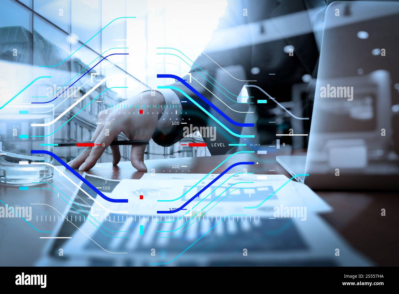 Concept of focus on target with digital diagram.business documents on ...