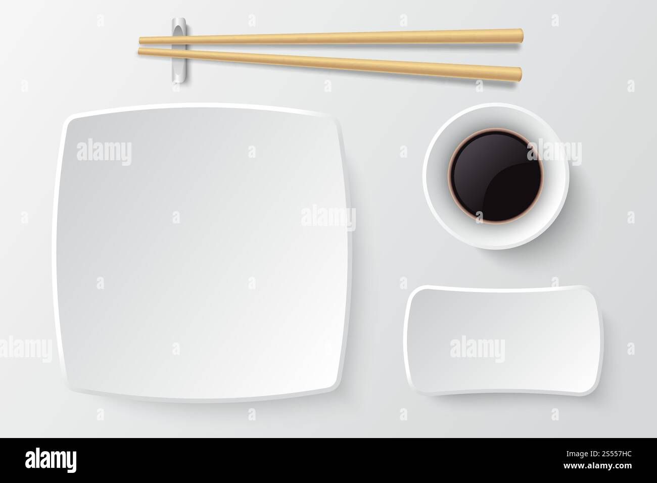 Chopsticks and empty sushi plate. Asian restaurant dishes vector mockup ...