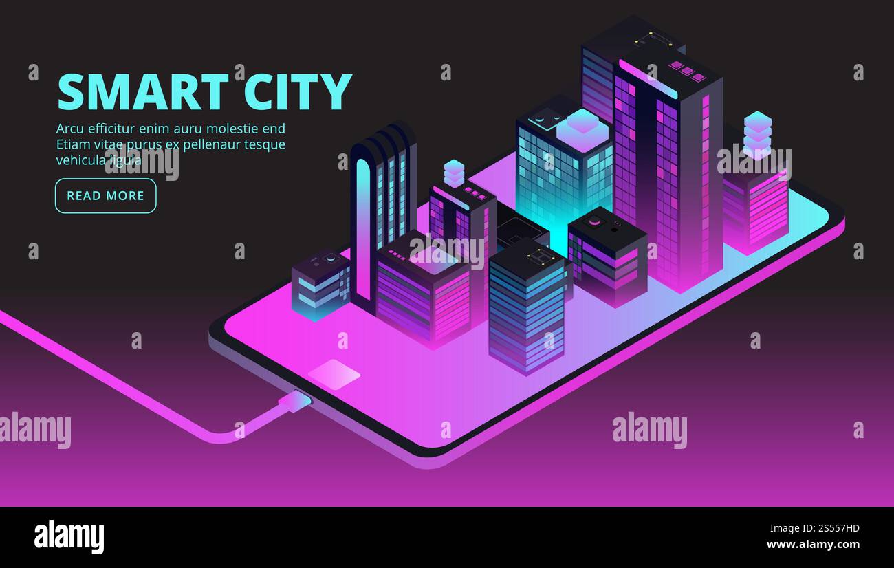 Smart city technology. Intelligent buildings in future city. Isometric ...