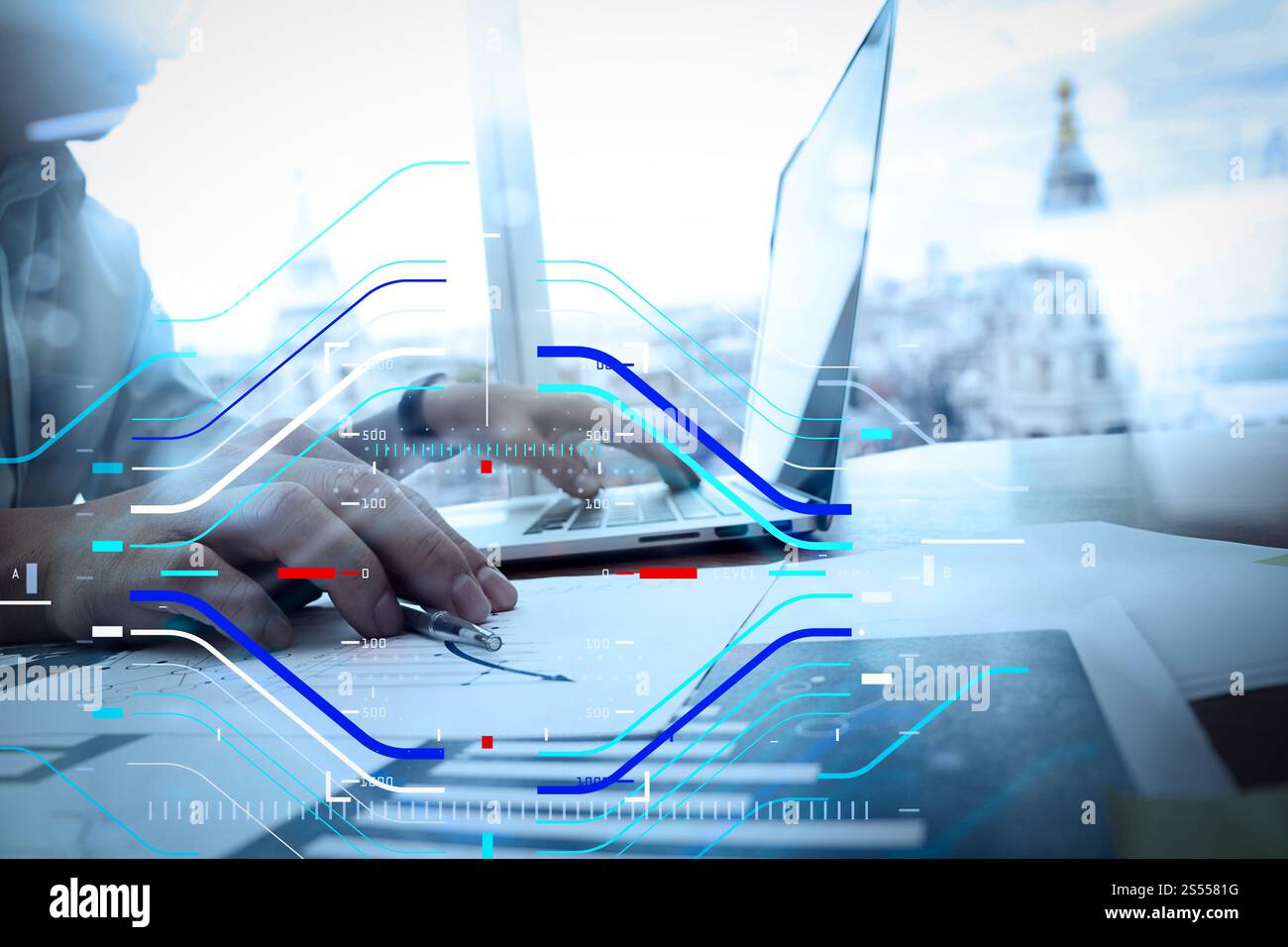 Concept of focus on target with digital diagram.business documents on ...