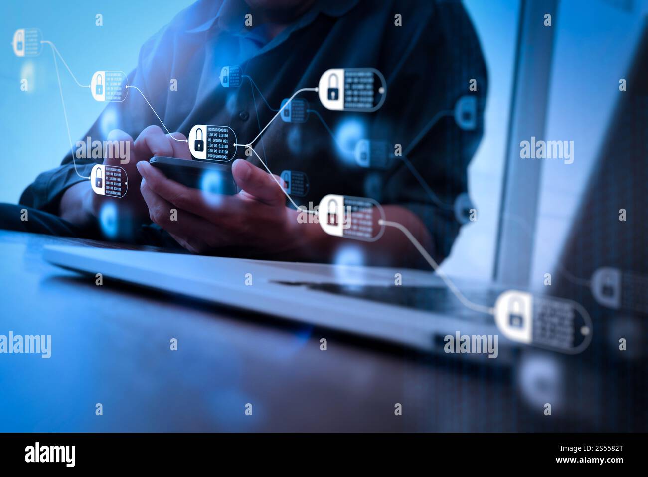 Blockchain technology concept with diagram of chain and encrypted ...