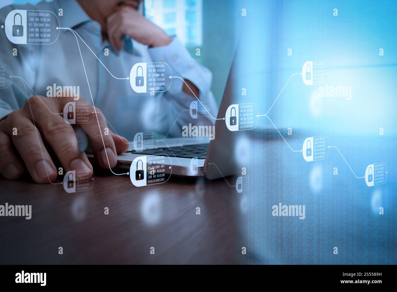 Blockchain technology concept with diagram of chain and encrypted ...