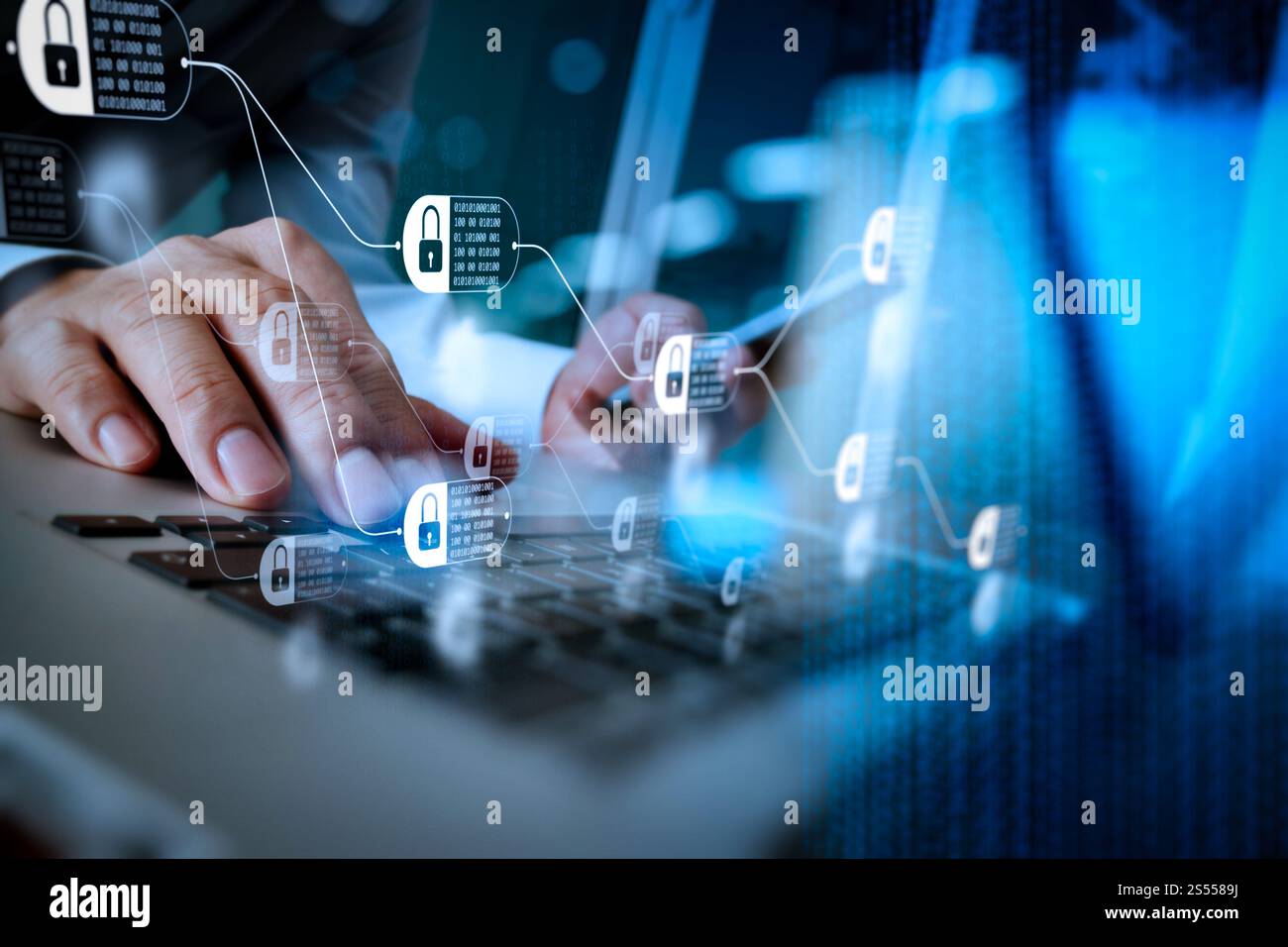 Blockchain technology concept with diagram of chain and encrypted blocks. designer hand working ...