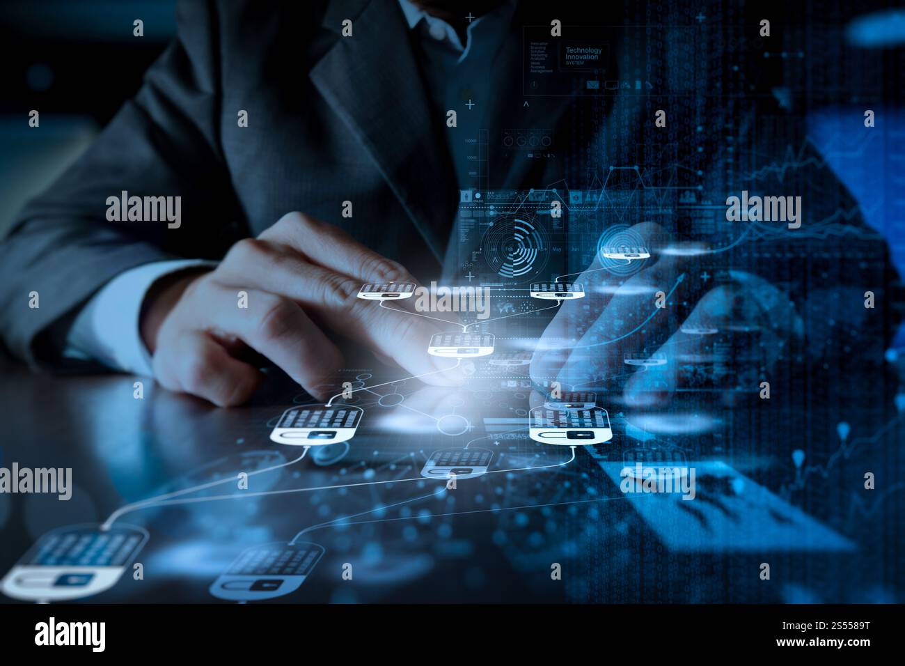 Blockchain technology concept with diagram of chain and encrypted ...