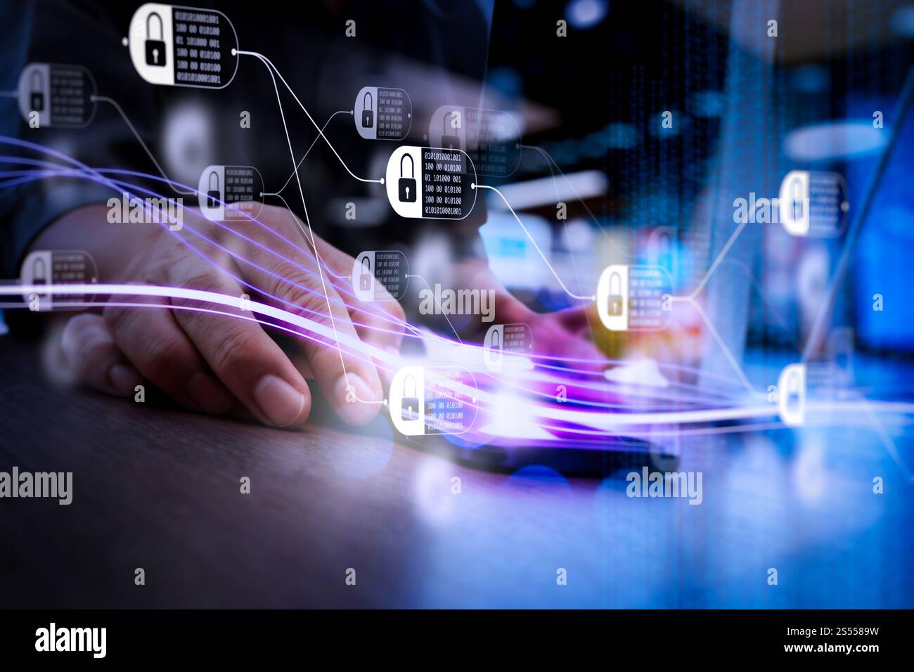 Blockchain technology concept with diagram of chain and encrypted ...