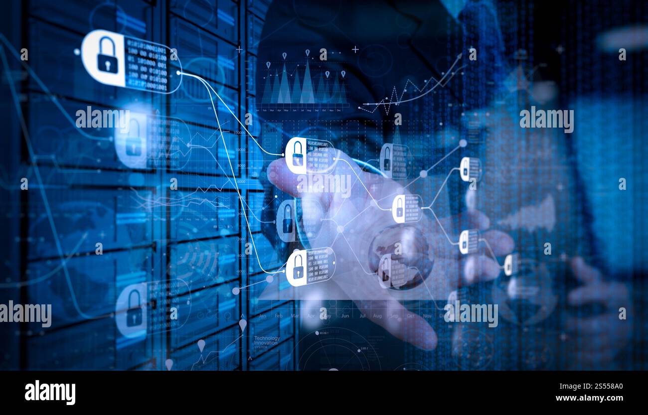 Blockchain technology concept with diagram of chain and encrypted ...