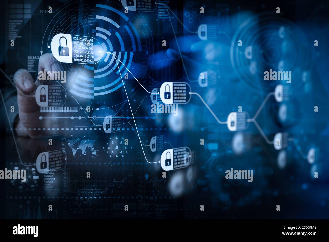 Blockchain technology concept with diagram of chain and encrypted ...