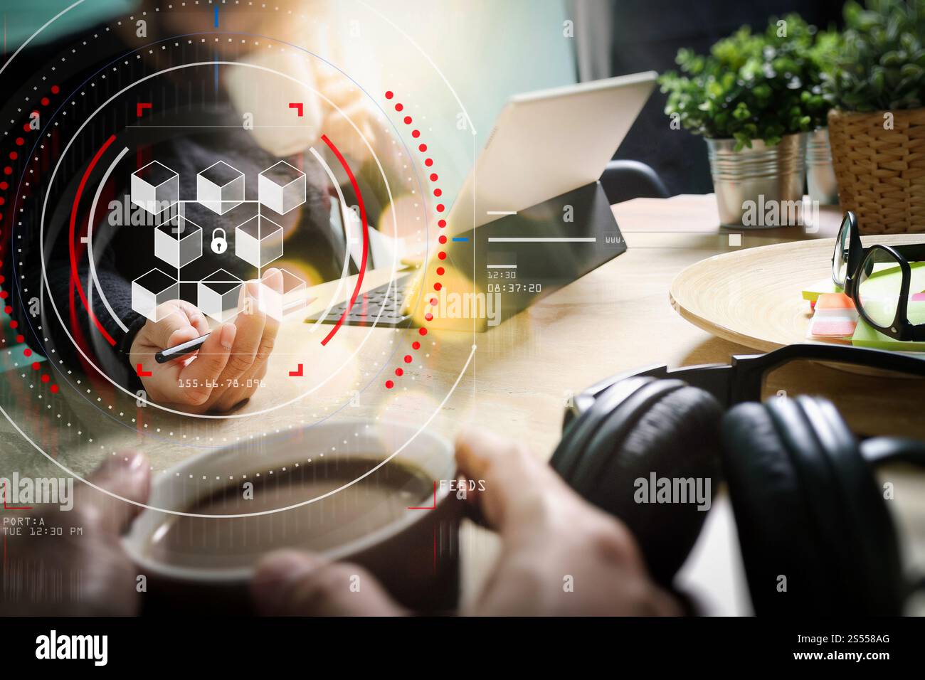 Blockchain technology concept with a chain of encrypted blocks ...