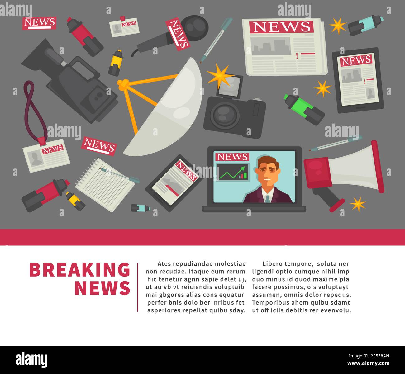 Breaking news poster and journalist profession working equipment flat ...