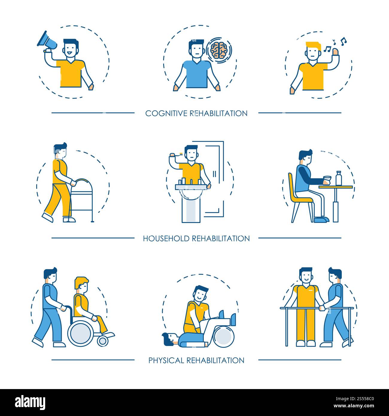 Rehabilitation icons for cognitive, physical and household ...