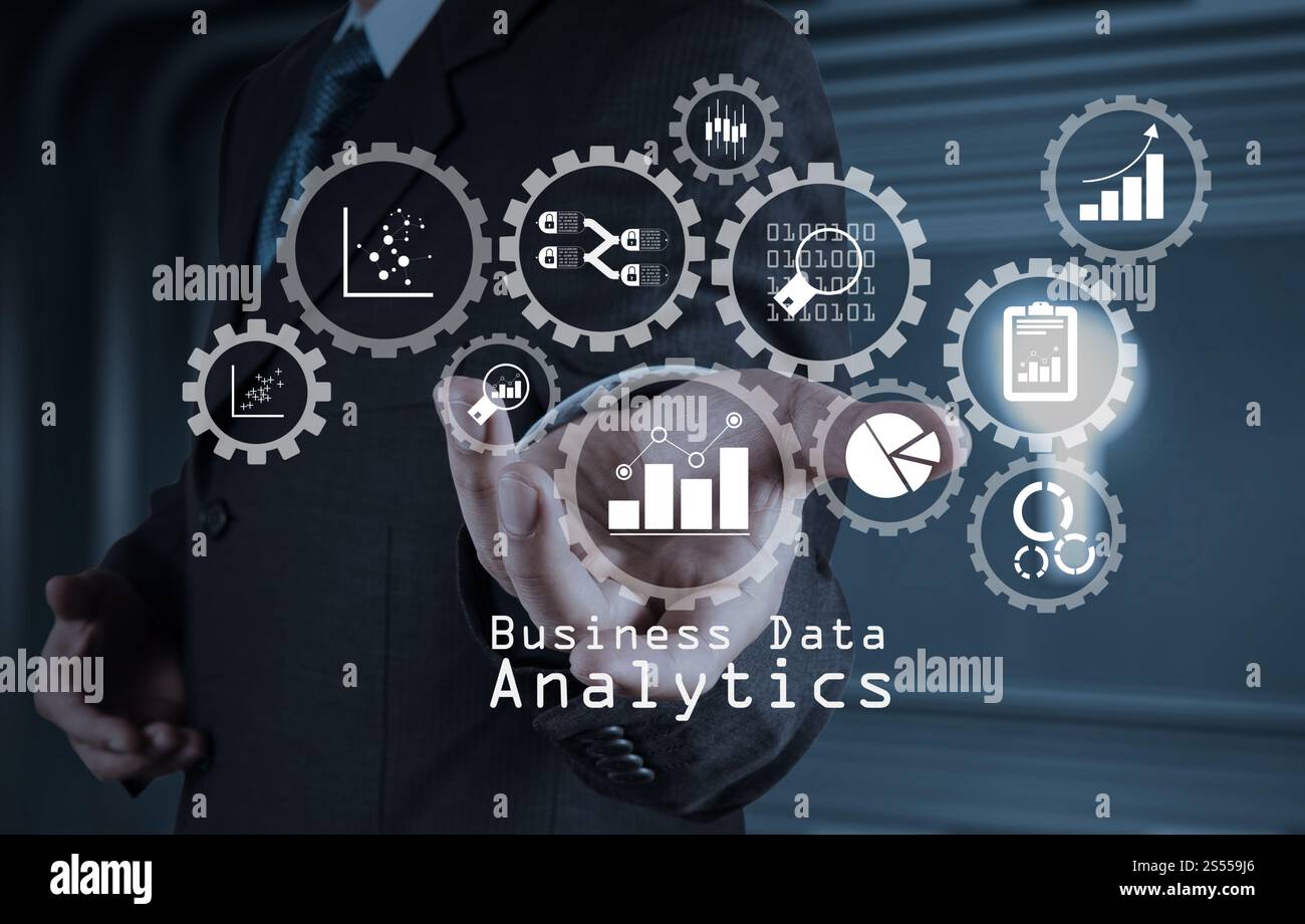 Business data analytics management with connected gear cogs with KPI ...