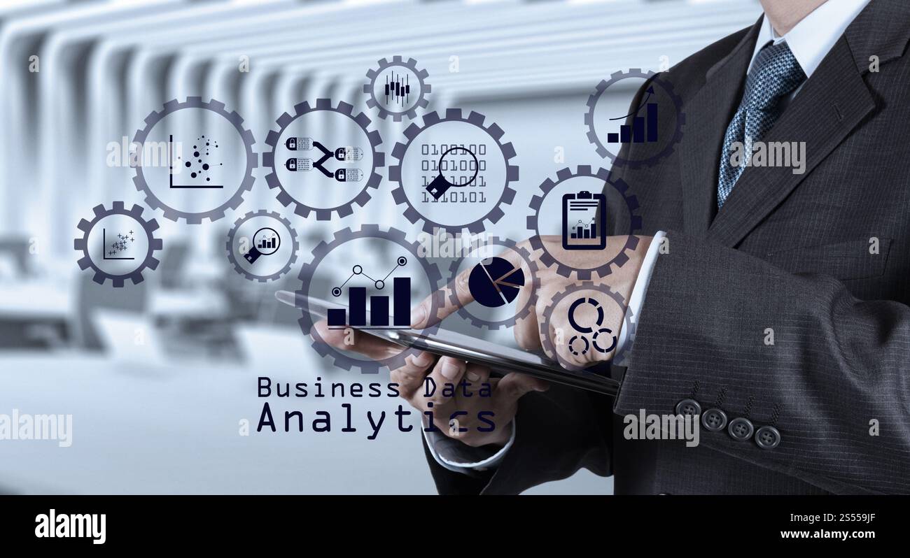 Business data analytics management with connected gear cogs with KPI ...