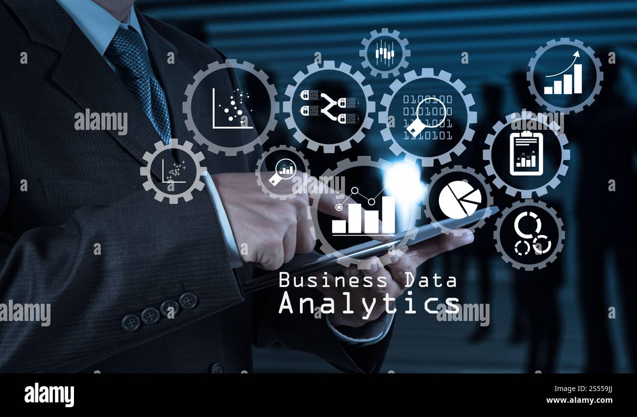 Business data analytics management with connected gear cogs with KPI financial charts and graph ...
