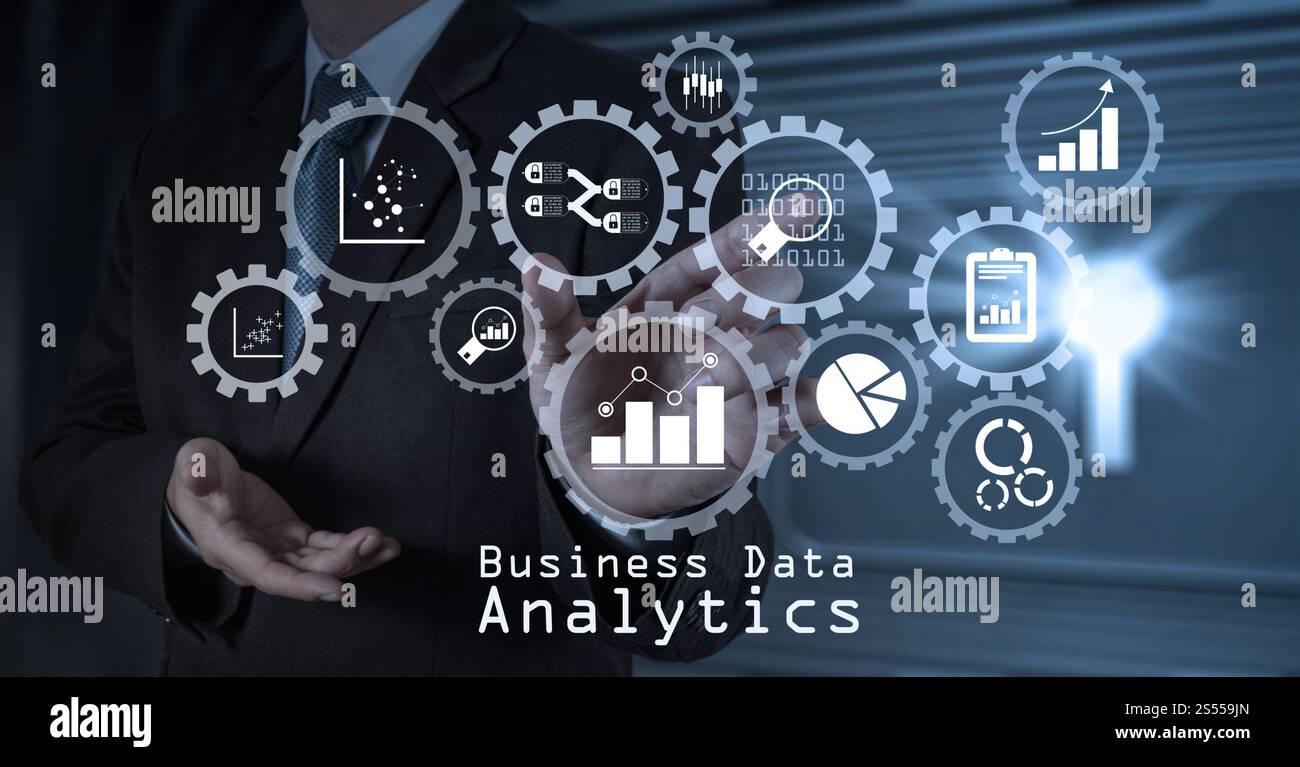 Business data analytics management with connected gear cogs with KPI ...