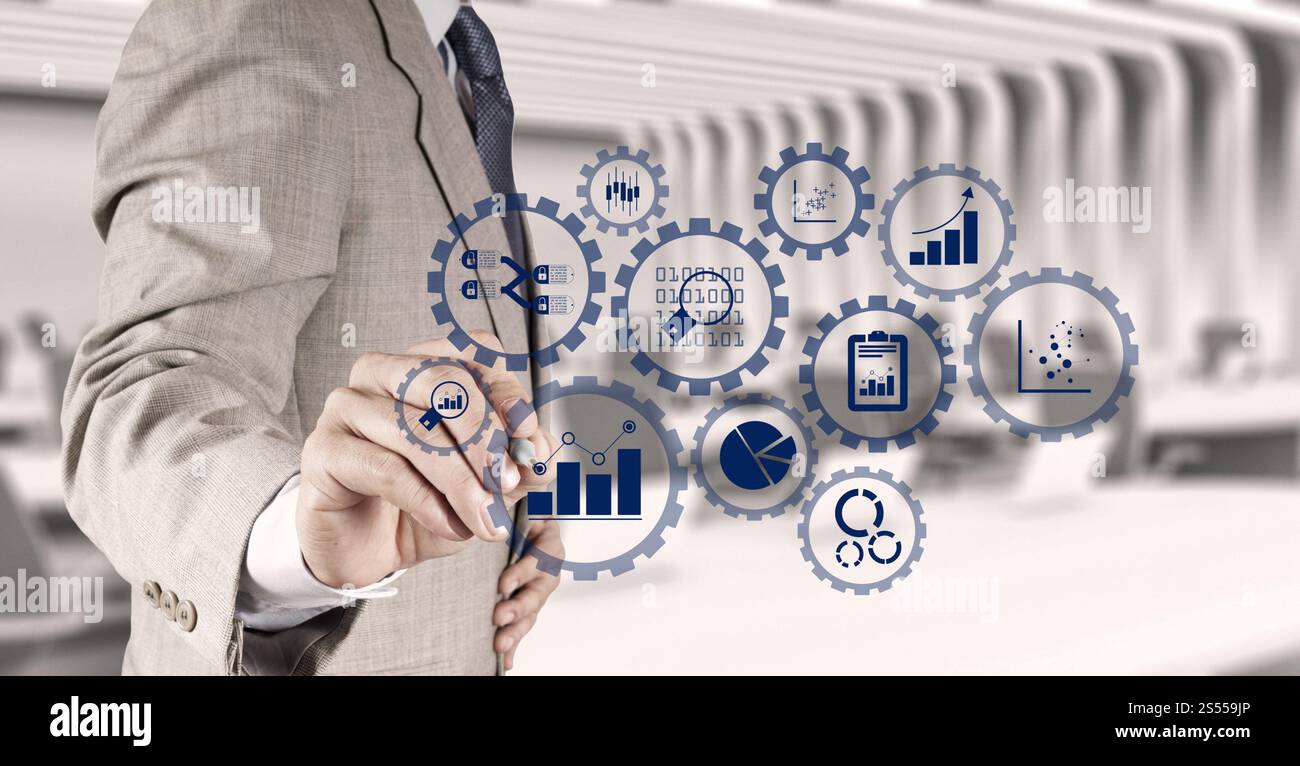 Business data analytics management with connected gear cogs with KPI ...