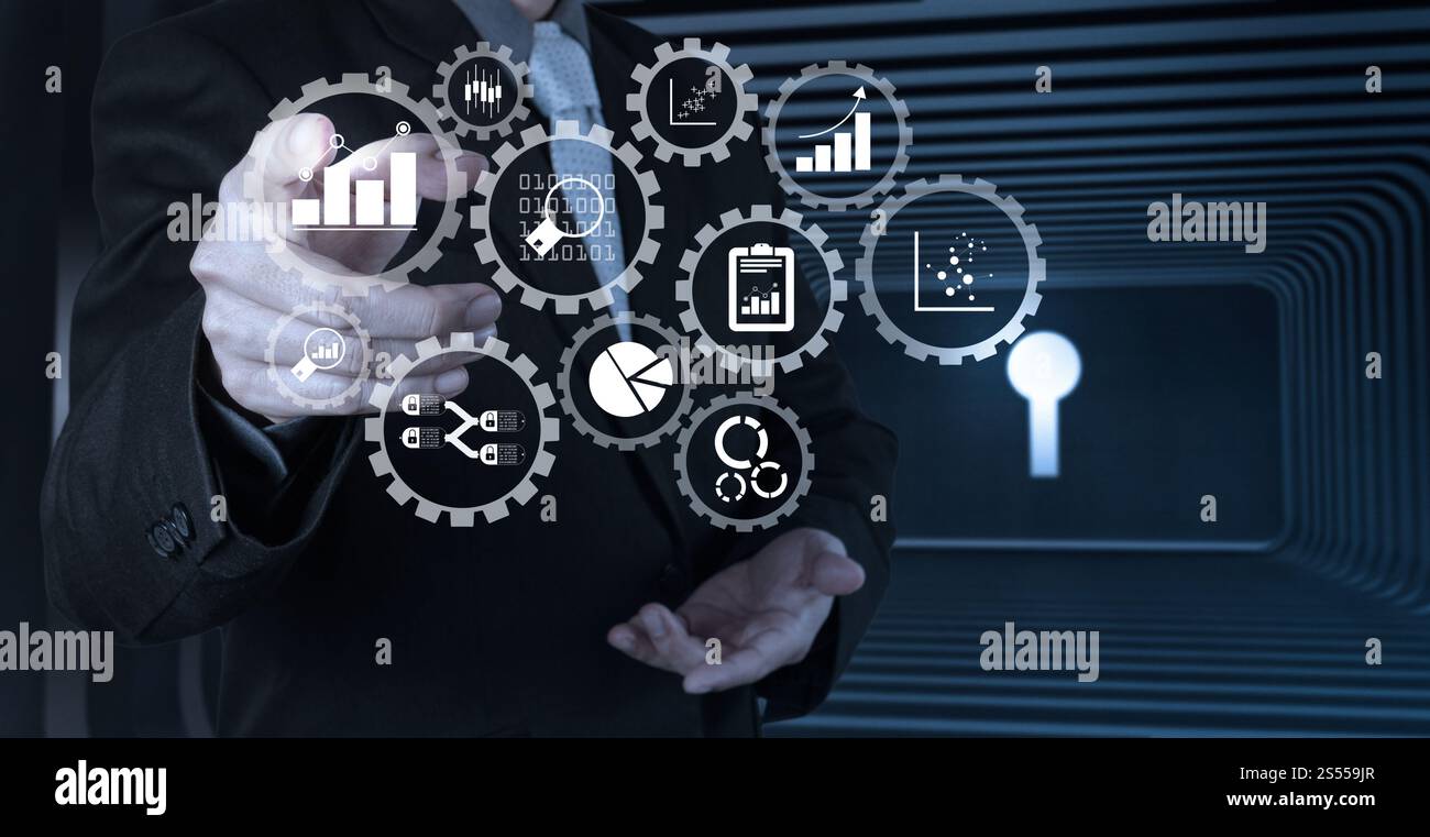 Business data analytics management with connected gear cogs with KPI ...