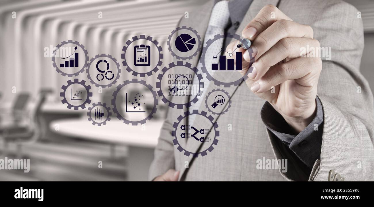 Business data analytics management with connected gear cogs with KPI ...