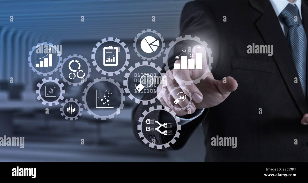 Business data analytics management with connected gear cogs with KPI ...