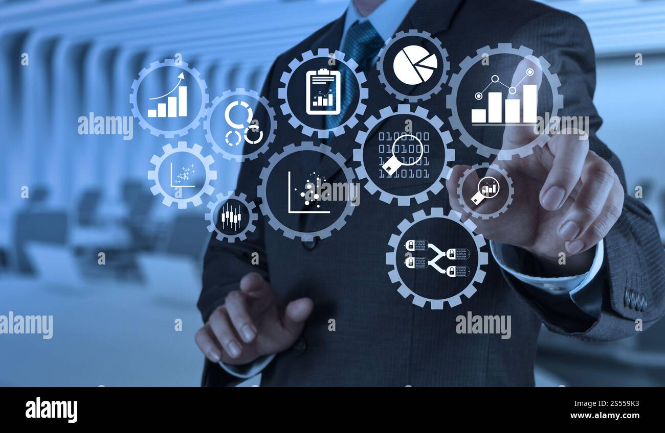 Business data analytics management with connected gear cogs with KPI ...