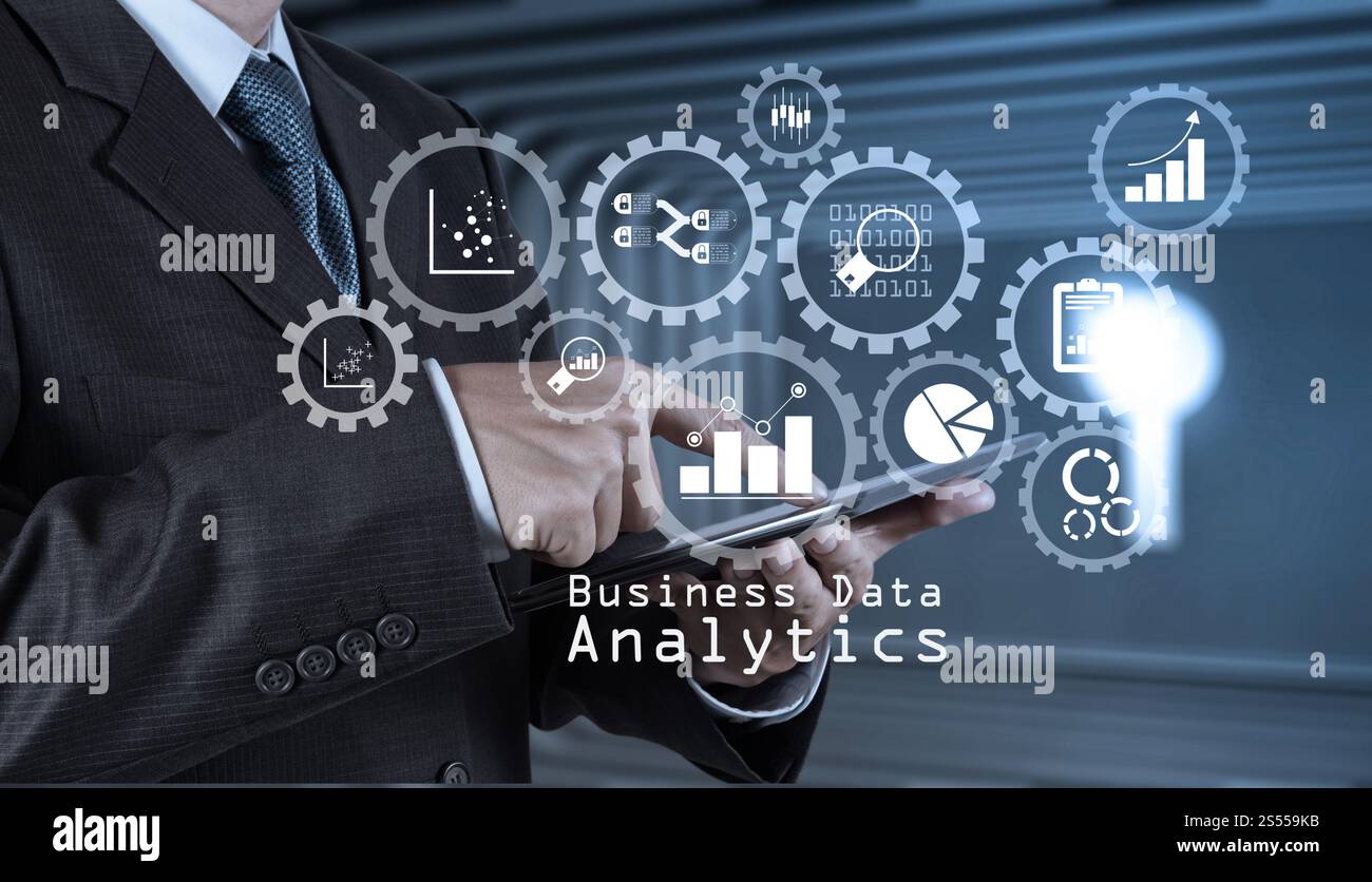 Business data analytics management with connected gear cogs with KPI ...