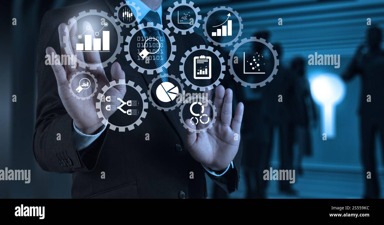 Business data analytics management with connected gear cogs with KPI ...