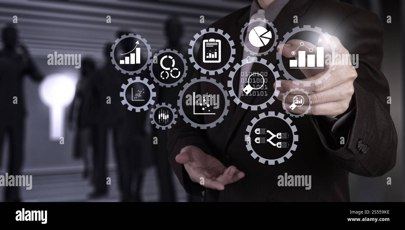 Business data analytics management with connected gear cogs with KPI ...