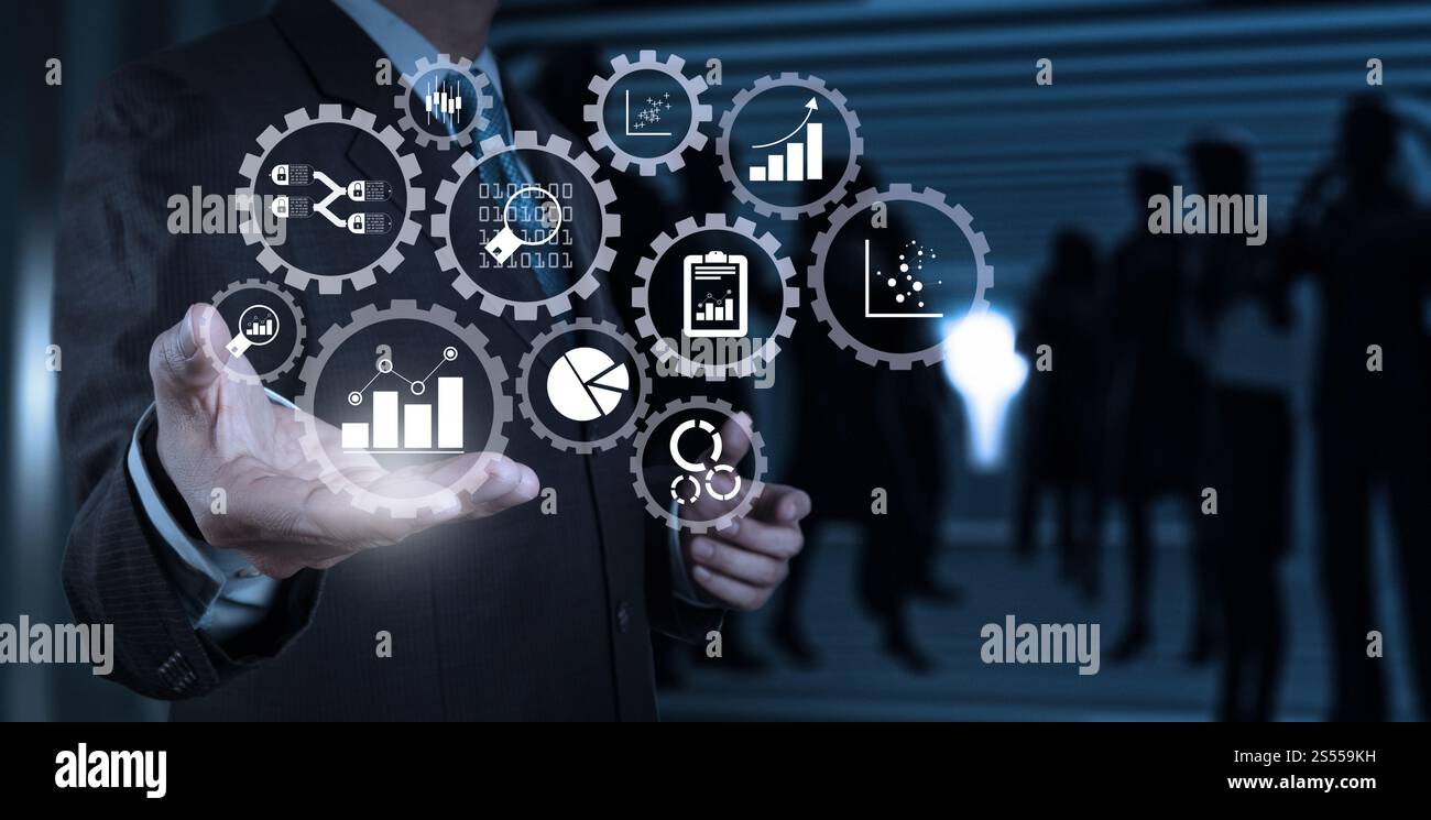 Business data analytics management with connected gear cogs with KPI ...