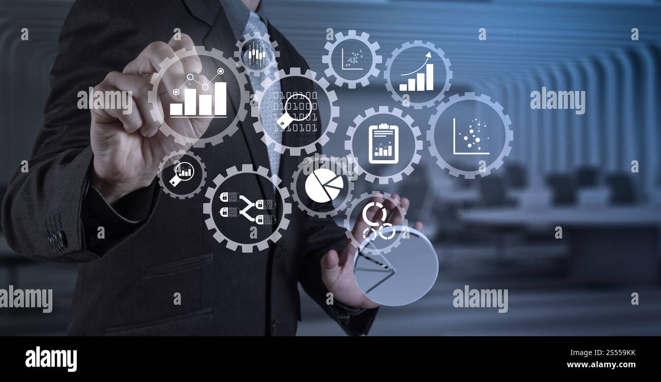 Business data analytics management with connected gear cogs with KPI ...