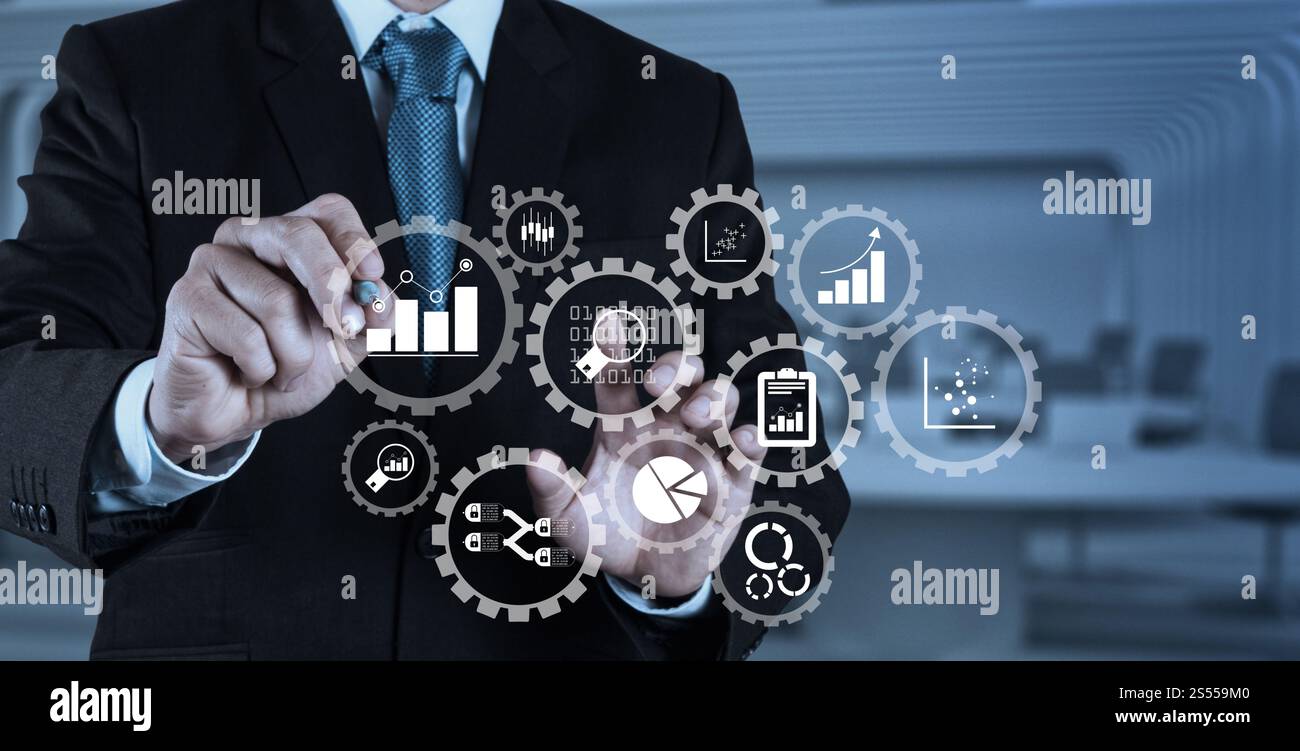 Business data analytics management with connected gear cogs with KPI ...