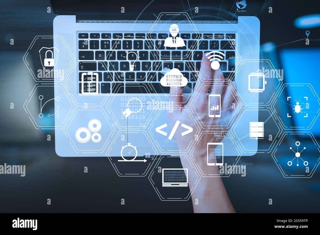 Coding software developer work with augmented reality dashboard computer icons of scrum agile ...