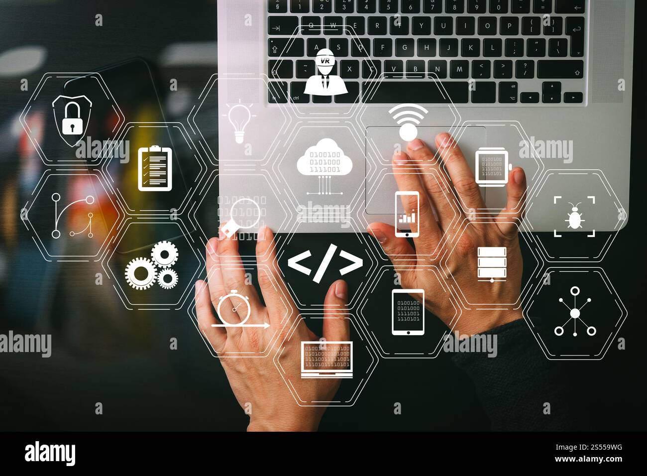 Coding software developer work with augmented reality dashboard ...