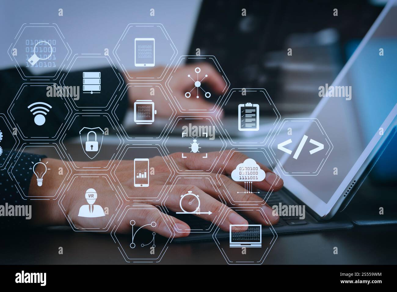Coding software developer work with augmented reality dashboard ...