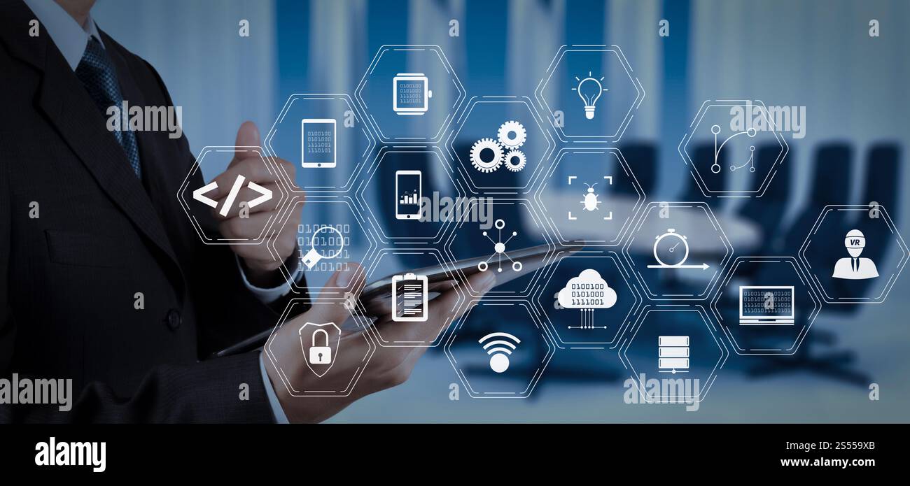 Coding software developer work with augmented reality dashboard ...