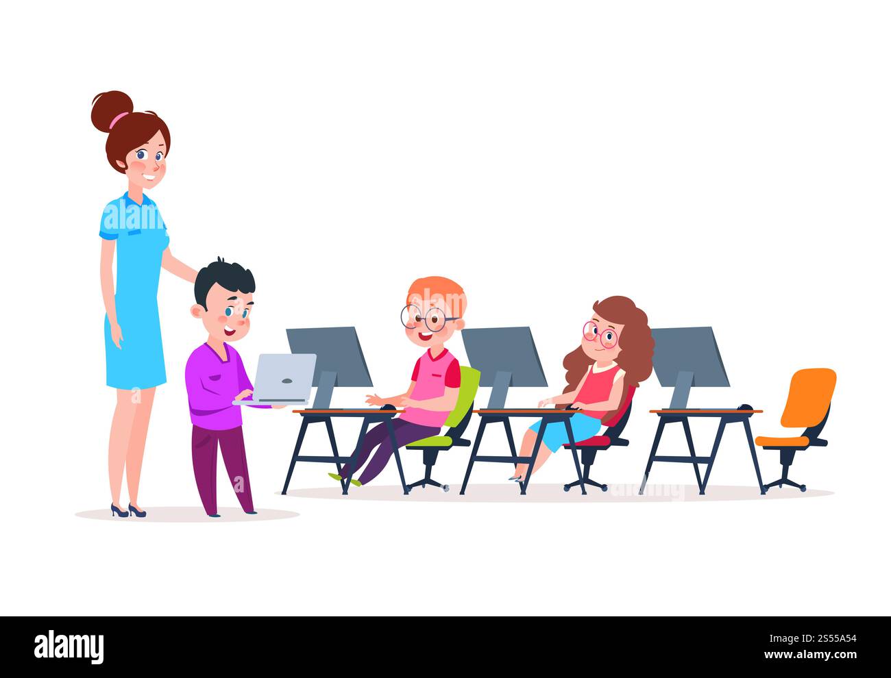 Kids in computer lab. School children coding at computers. Cartoon boys ...