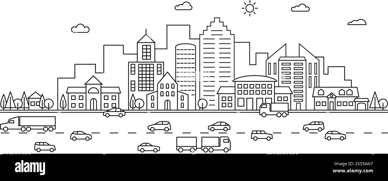 Line city. Outline town street with buildings and cars. Modern vector ...