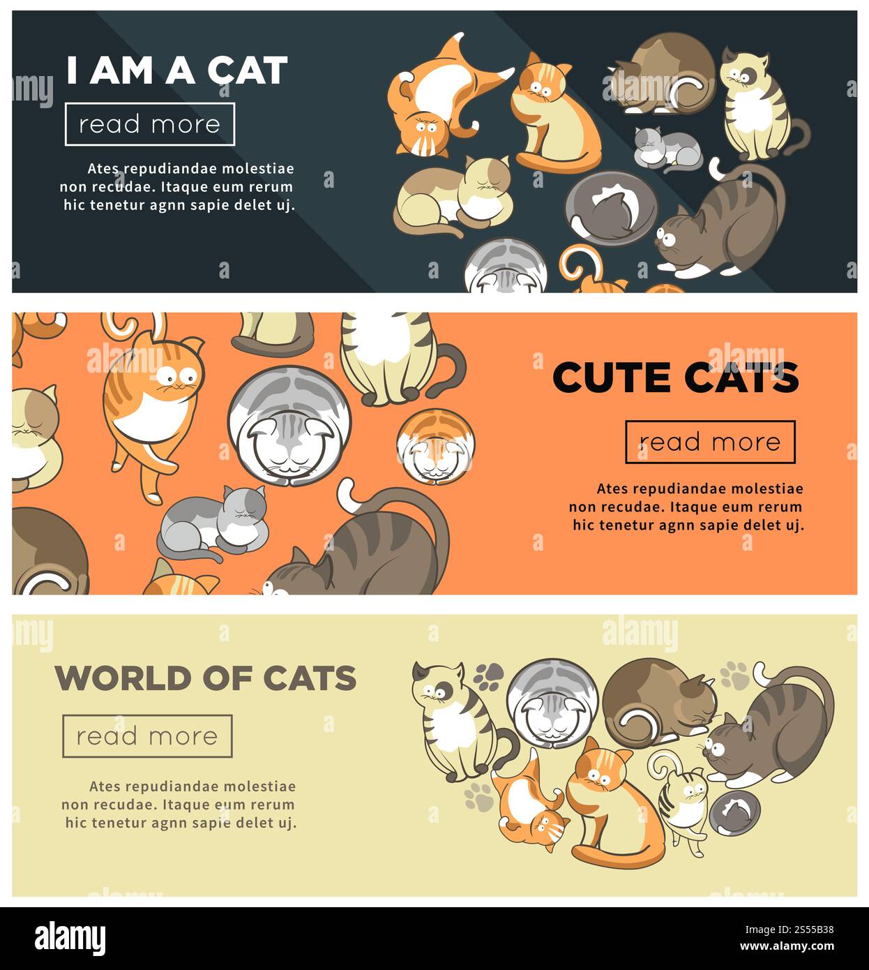 World of cute cats promotional Internet posters set. Adorable domestic ...