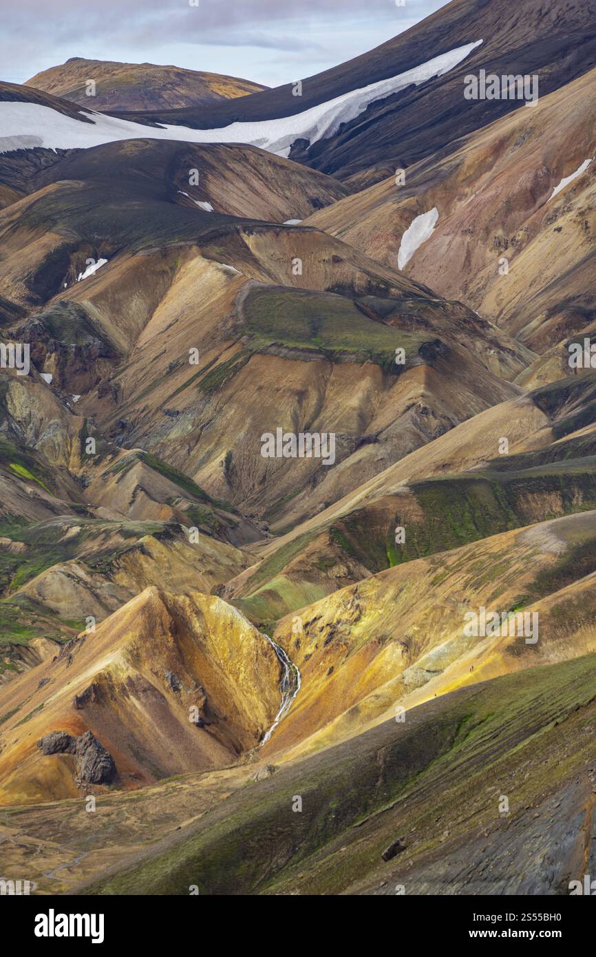 Small river between colourful rhyolite mountains, volcanic landscape ...