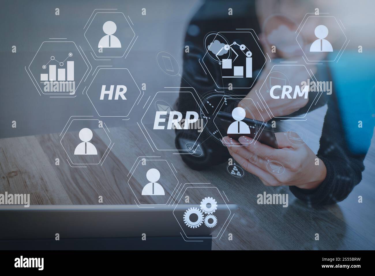 Architecture of ERP (Enterprise Resource Planning) system with connections between business ...